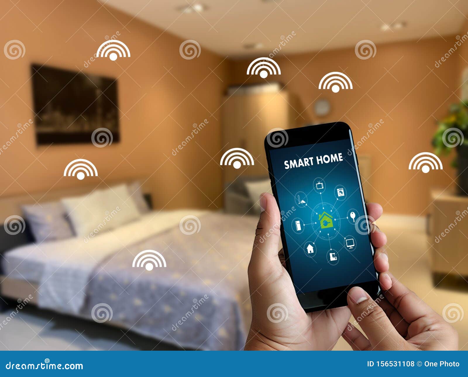 Man Use Mobile Phone with Smart Home App Smart Home Augmented Reality ...