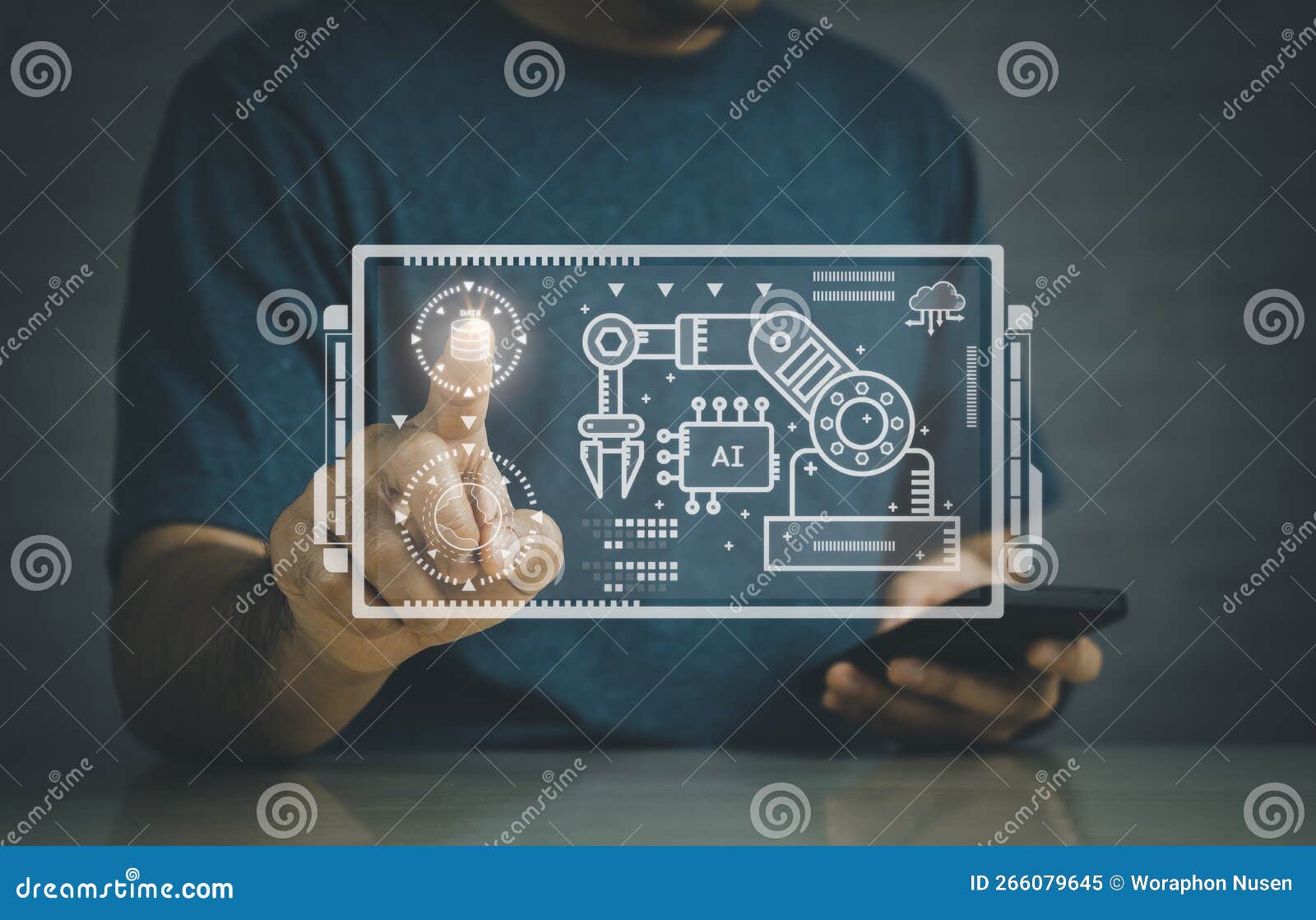 Man Use Smart Mobile Phone Finger Touch on Virtual Digital Data AI ...