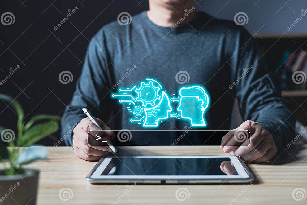 Man Use Tablet Command Prompt Ai Chat. Big Data Storage Stock Photo ...