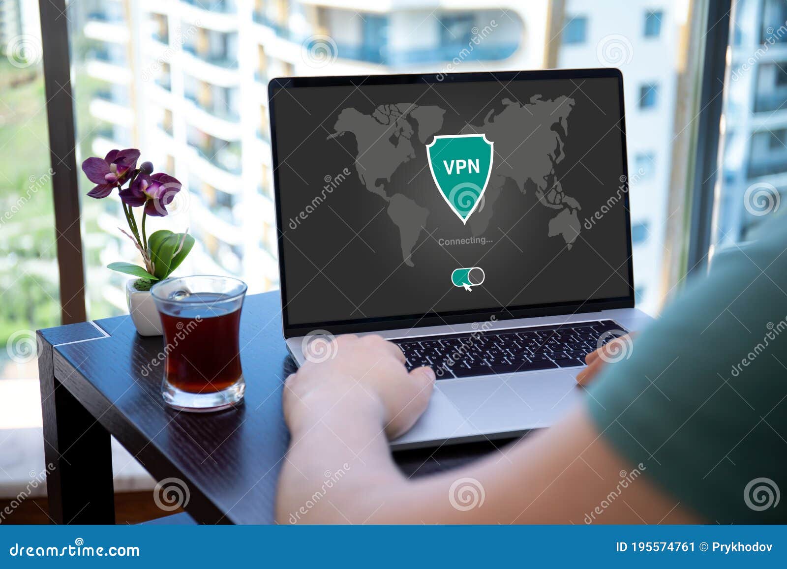 Man Uses App Vpn on Screen Computer Laptop in Cafe Stock Image - Image ...