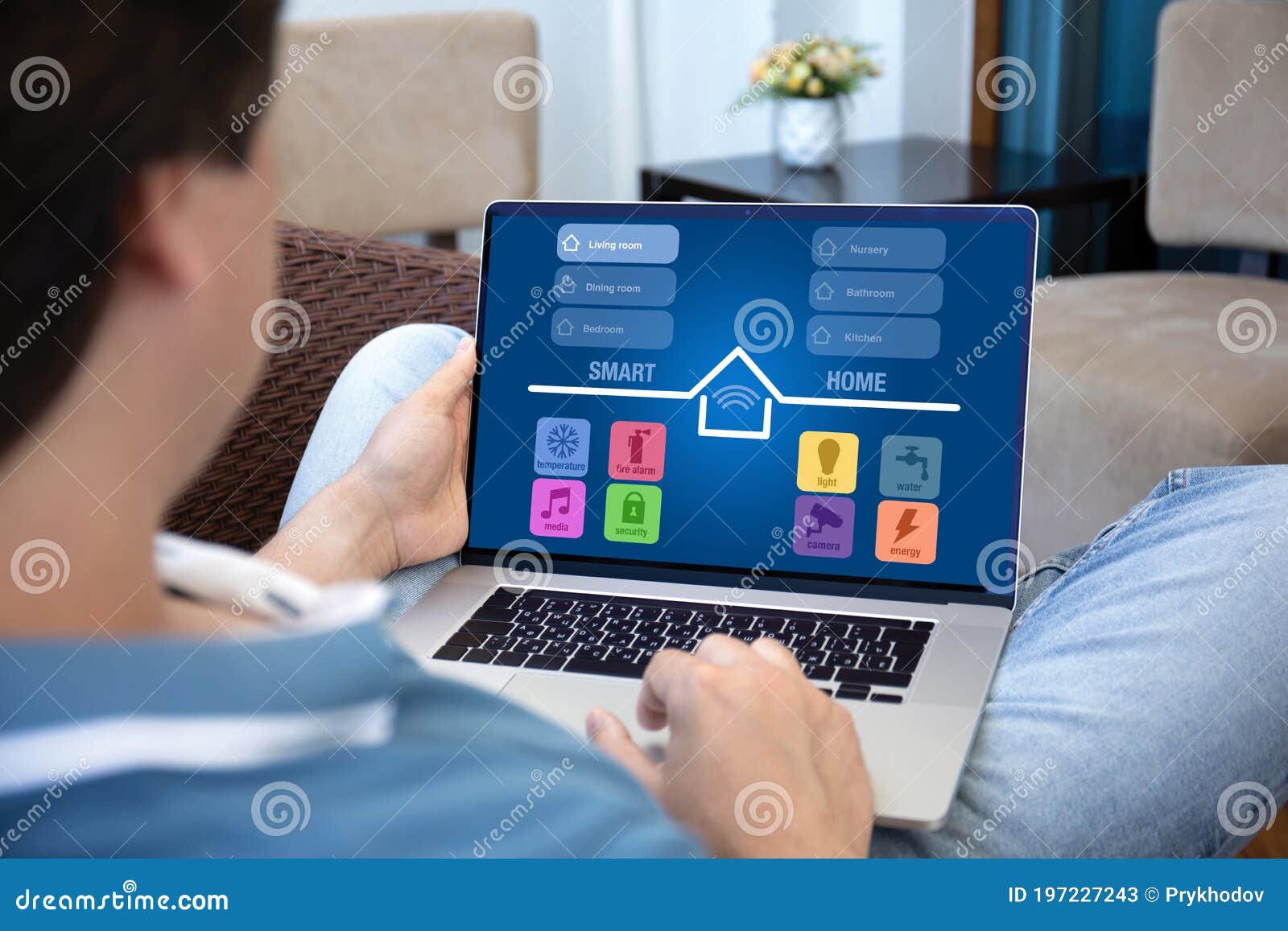 Man Uses Application Smart Home Laptop Screen at Home Stock Image ...