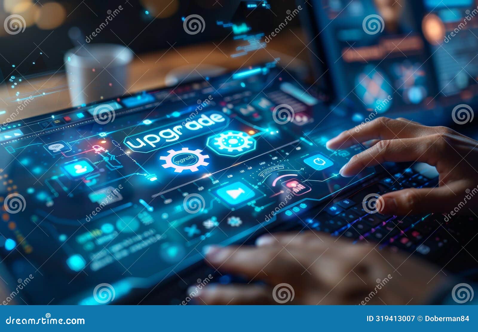 Man Typing on Keyboard with Progress Bar and Digital Upgrade Interface ...