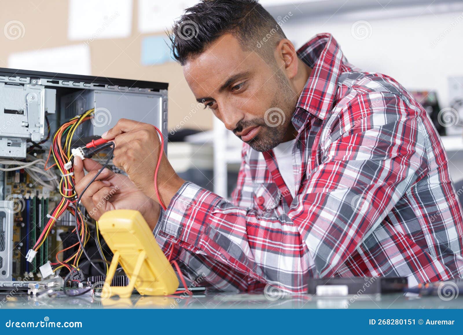 Man Uses Multimeter Voltmeter To Check Pc Stock Image - Image of ...