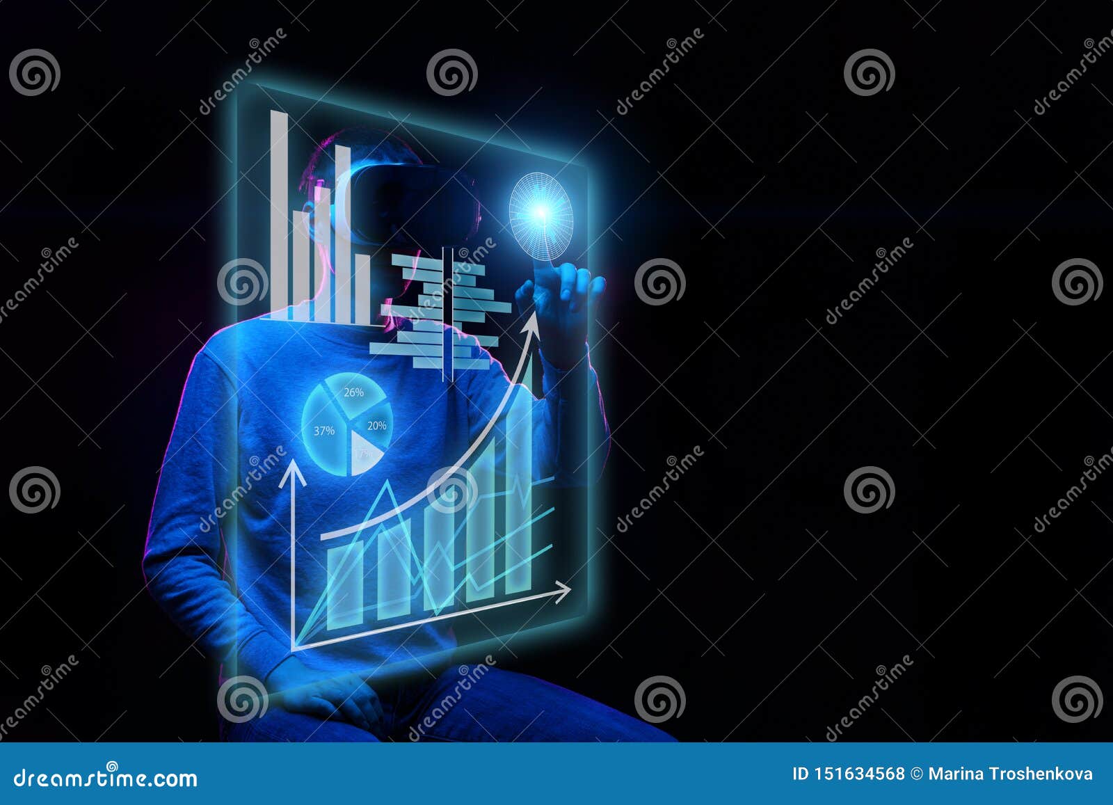 Man Uses a Virtual Reality Headset To Work with Data in the Form of ...