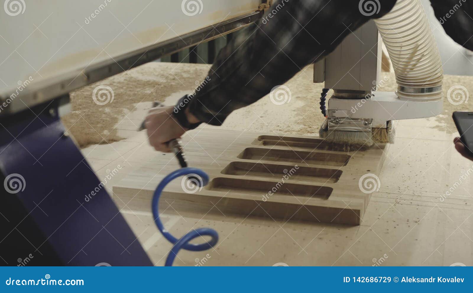 Man Using Air Compressor System To Blow Sawdust, Slow Motion Stock ...
