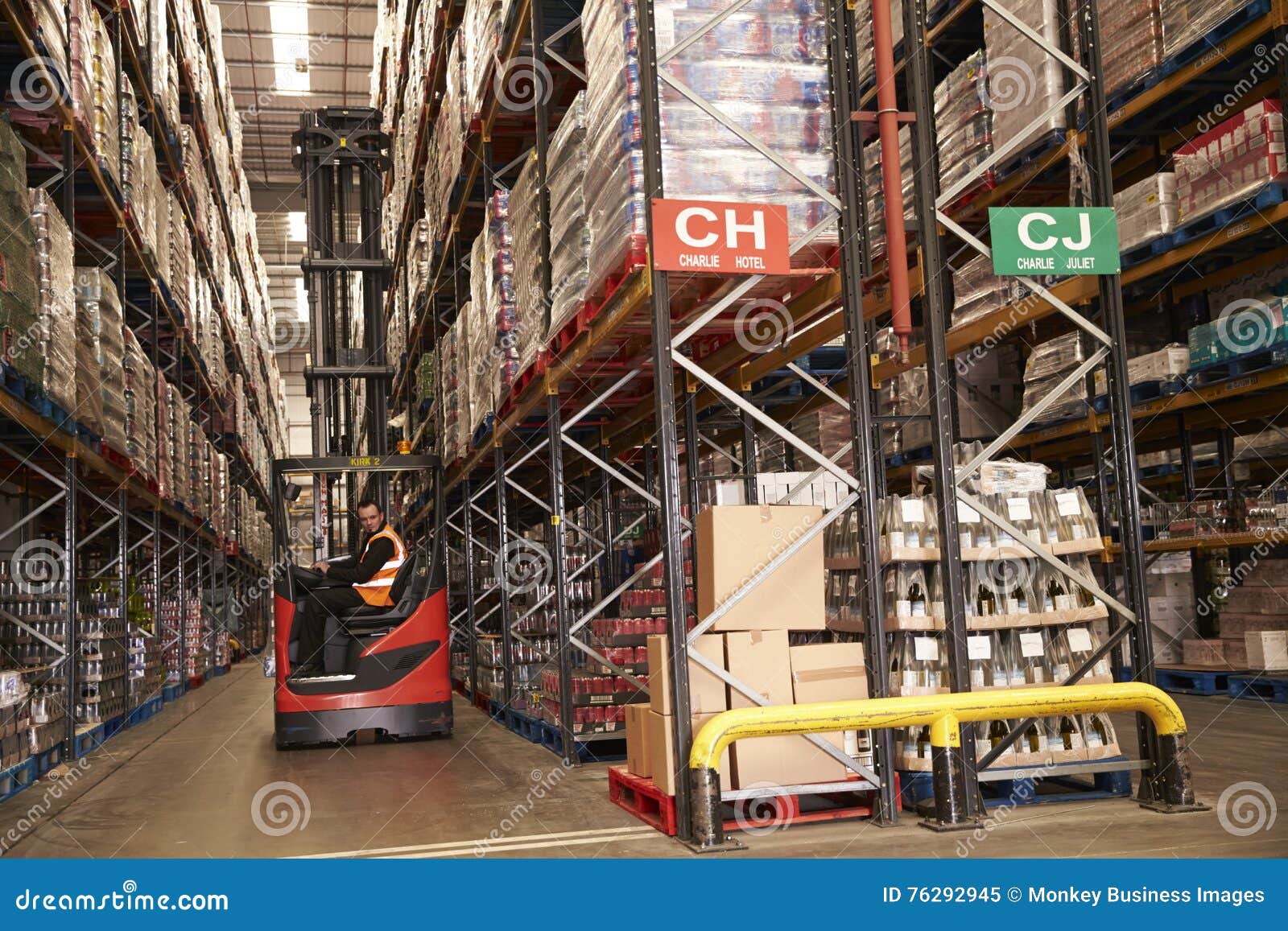Man Using Aisle Truck in a Distribution Warehouse, Side View Stock ...