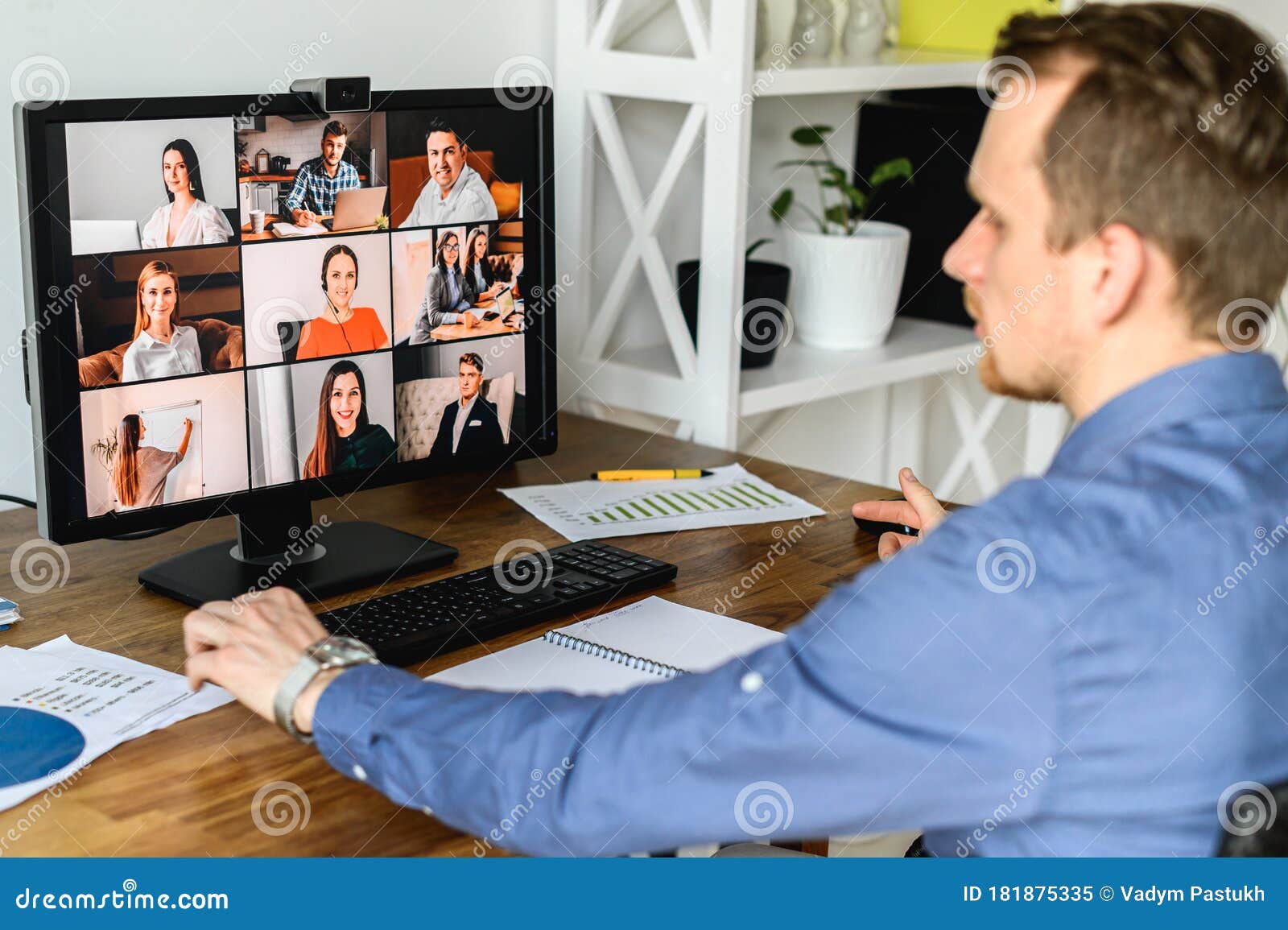 A Man is Using App for Video Connect Stock Image - Image of group ...