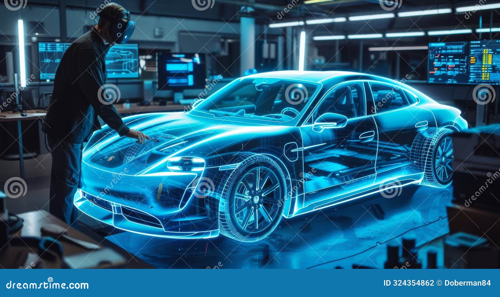 Man Using AR Headset Designing Futuristic Car with Augmented Reality ...