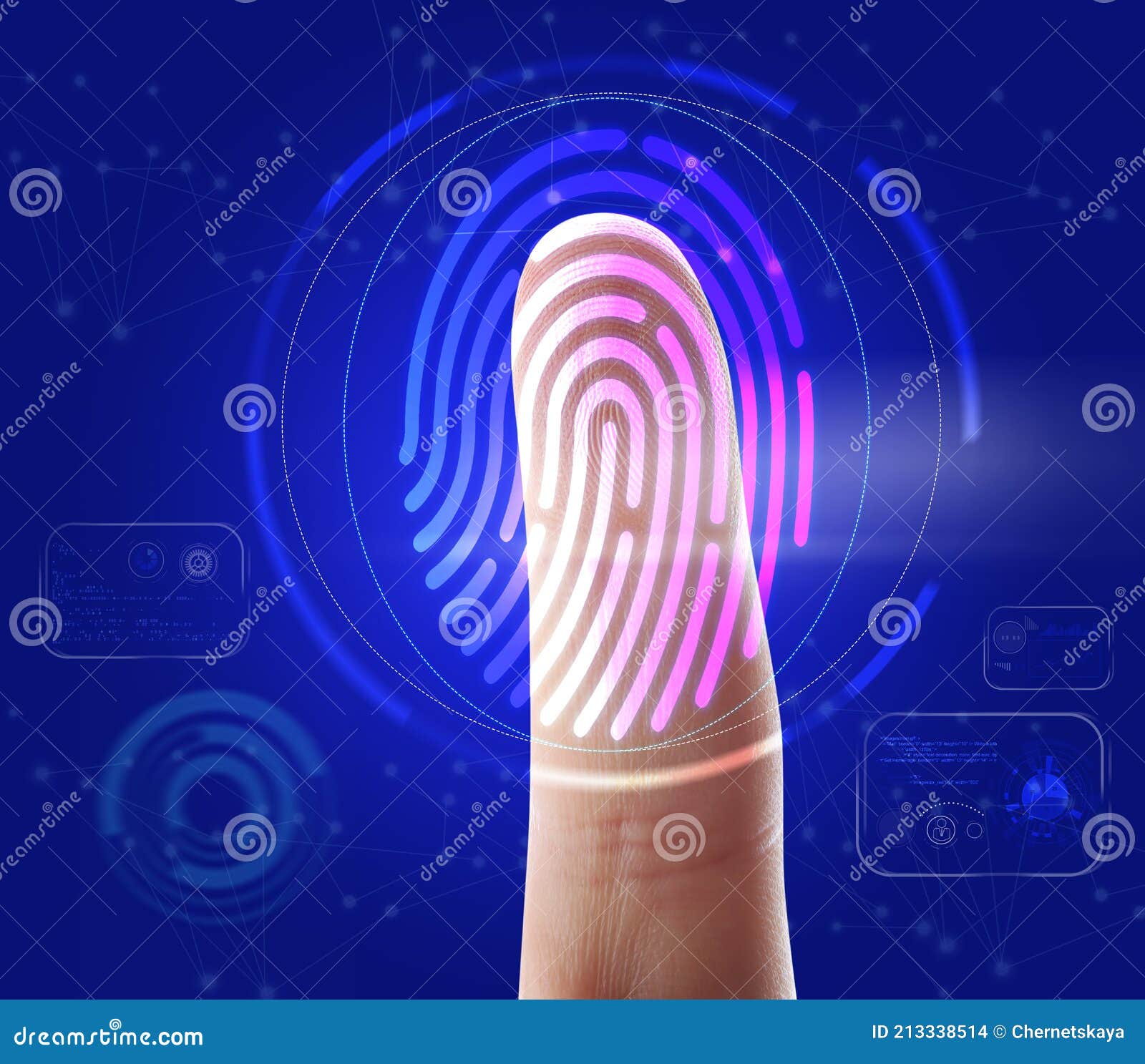 Man Using Biometric Fingerprint Scanner on Blue Background, Closeup ...
