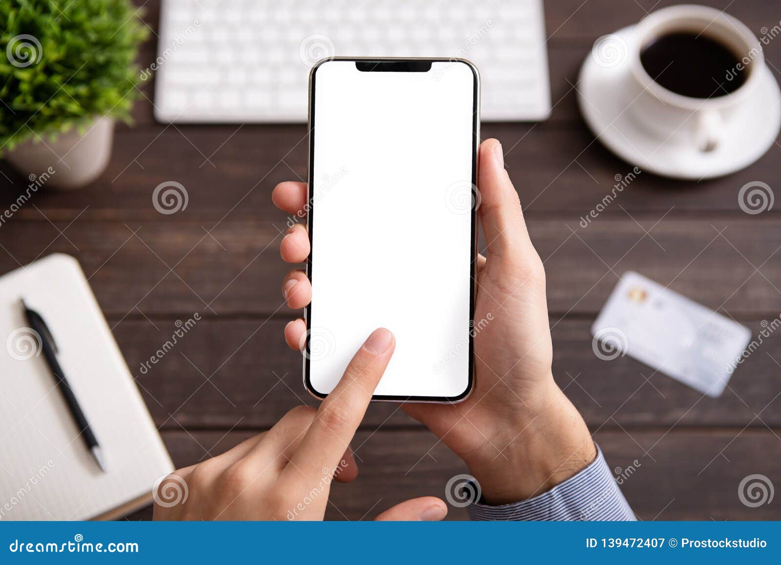 Man Using Blank Smartphone on Workplace Desk Stock Image - Image of ...