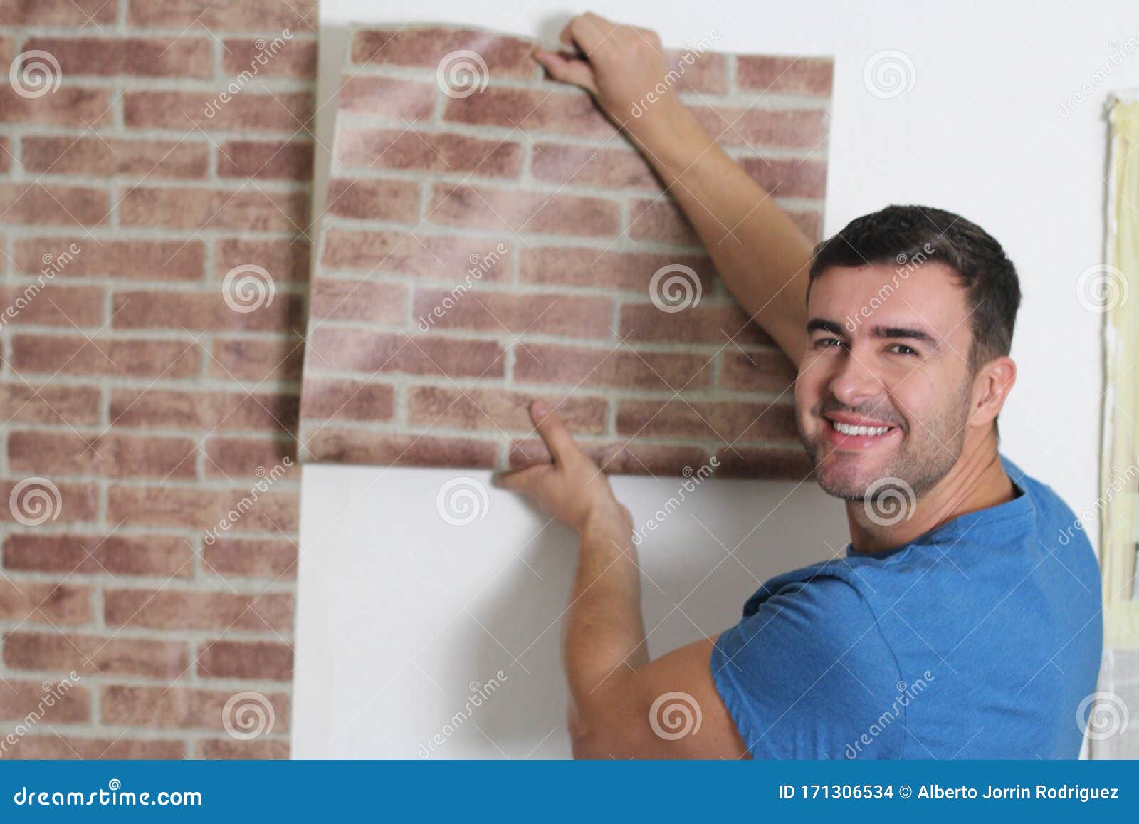 Man Using Brick Wall Style Wallpaper Stock Photo - Image of brick ...