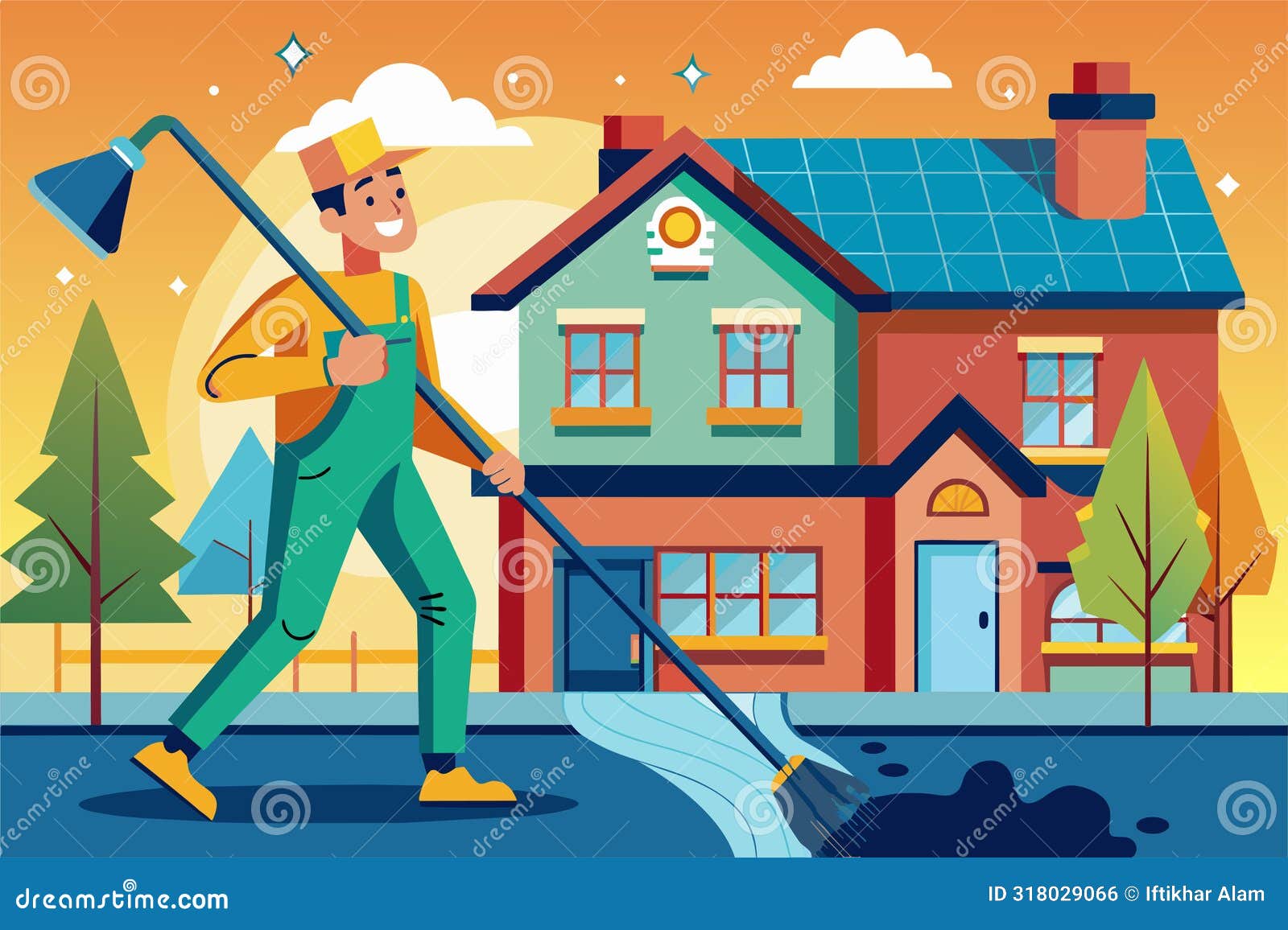 A Man is Using a Broom To Sweep the Area in Front of a House, Gutter ...