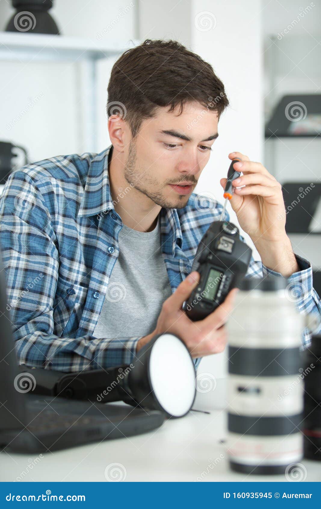 Man Using Camera Lens Repair Set Stock Image - Image of device ...