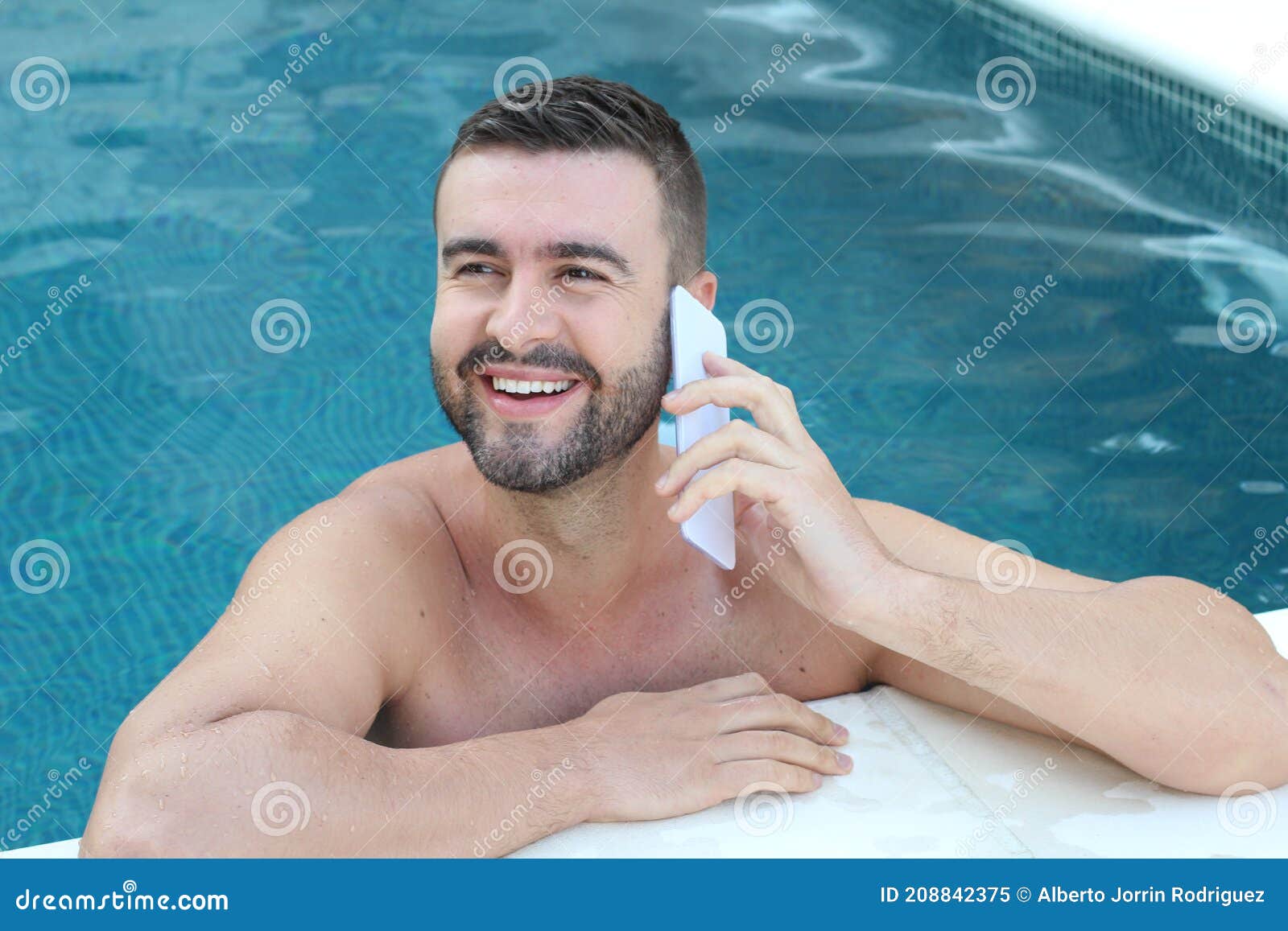 Man Using Cellphone while Bathing is Swimming Pool Stock Image - Image ...