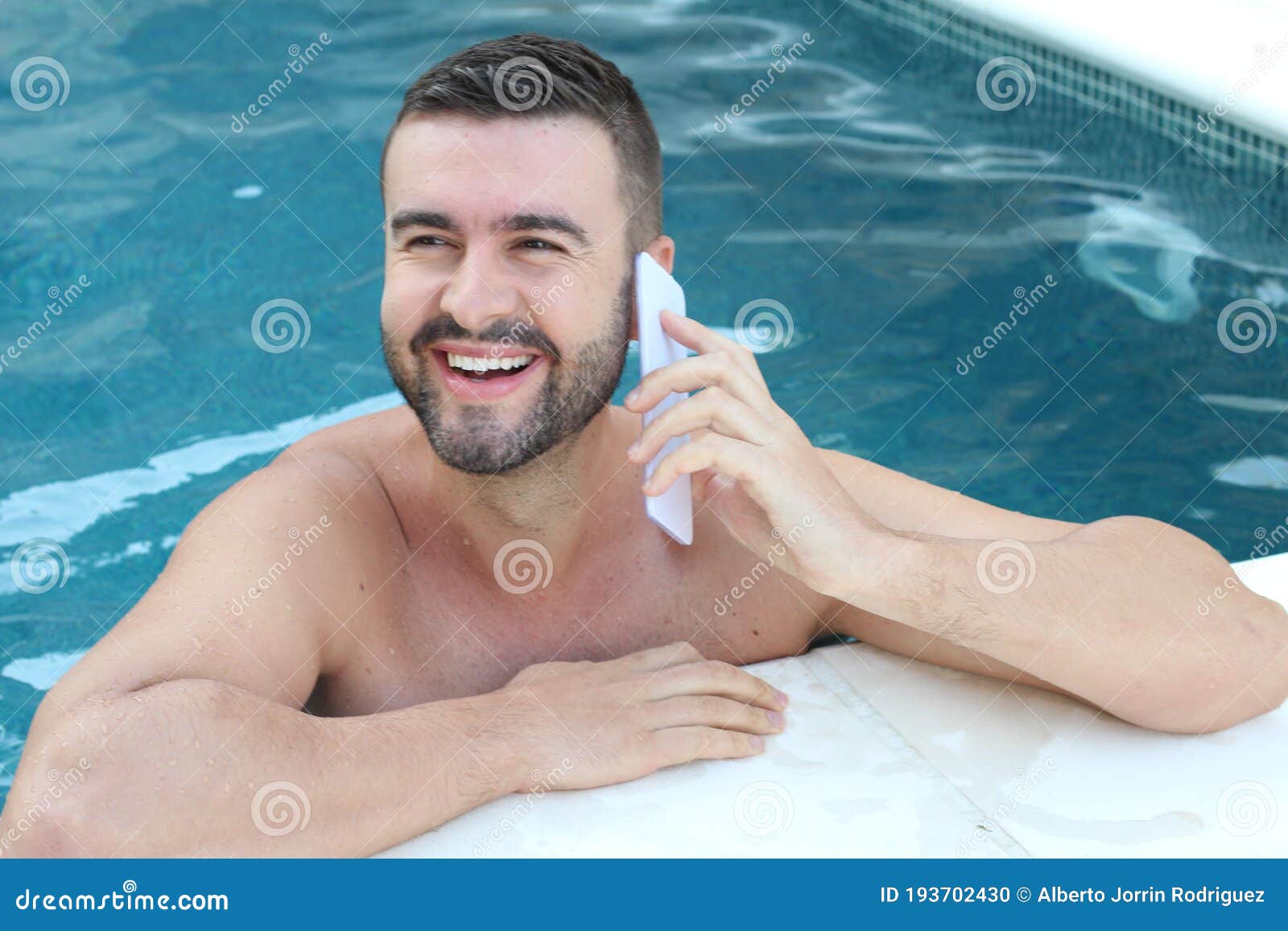 Man Using Cellphone in Swimming Pool Stock Photo - Image of hotel ...