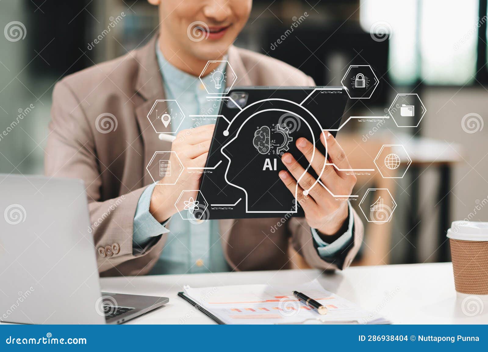 Man Using Chatbot in Computer and Tablet Smart Intelligence Ai.Chat with AI Artificial ...