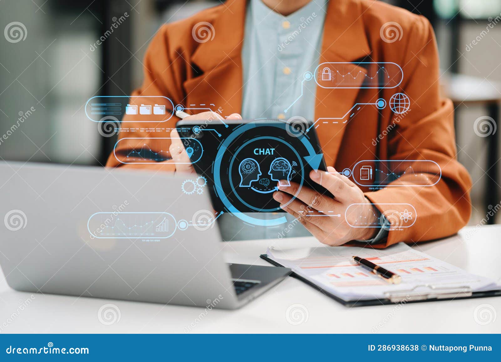 Man Using Chatbot in Computer and Tablet Smart Intelligence Ai.Chat with AI Artificial ...