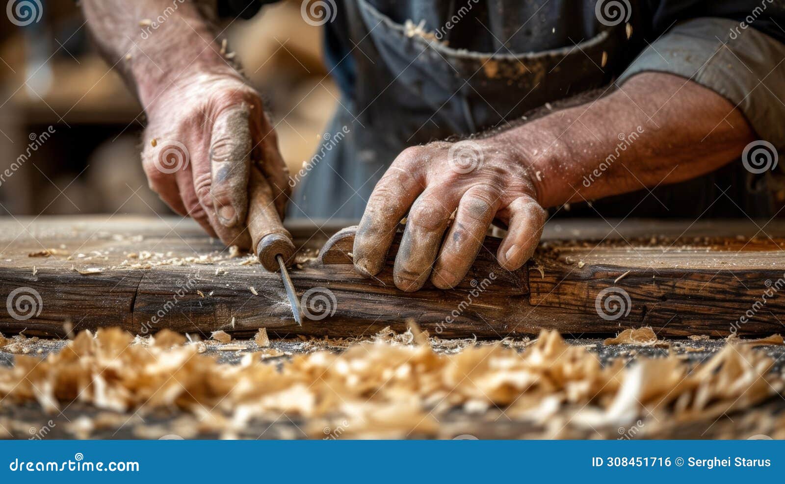 A Man is Using a Chisel To Cut Wood on the Table, AI Stock Photo ...