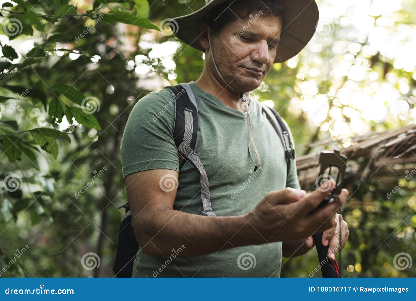Man Using Compass in the Jungle Stock Image - Image of wood, discovery ...