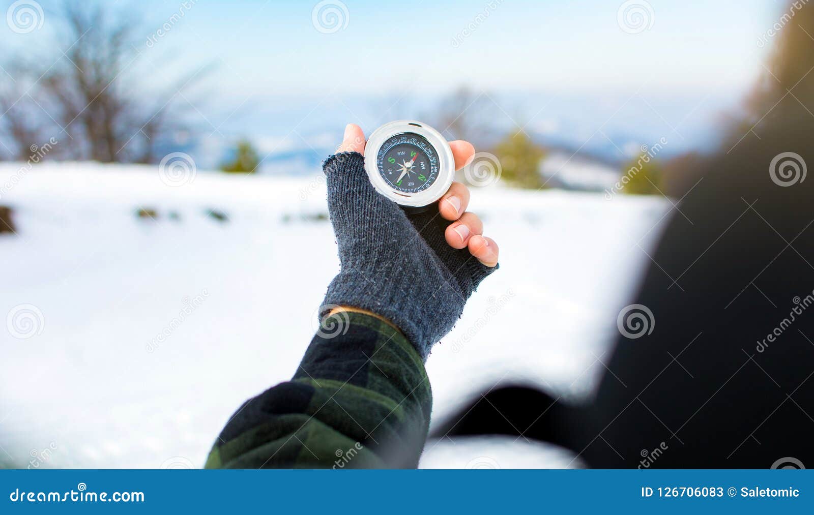 Man Using a Compass on Snowy Mountain Stock Image - Image of navigation ...