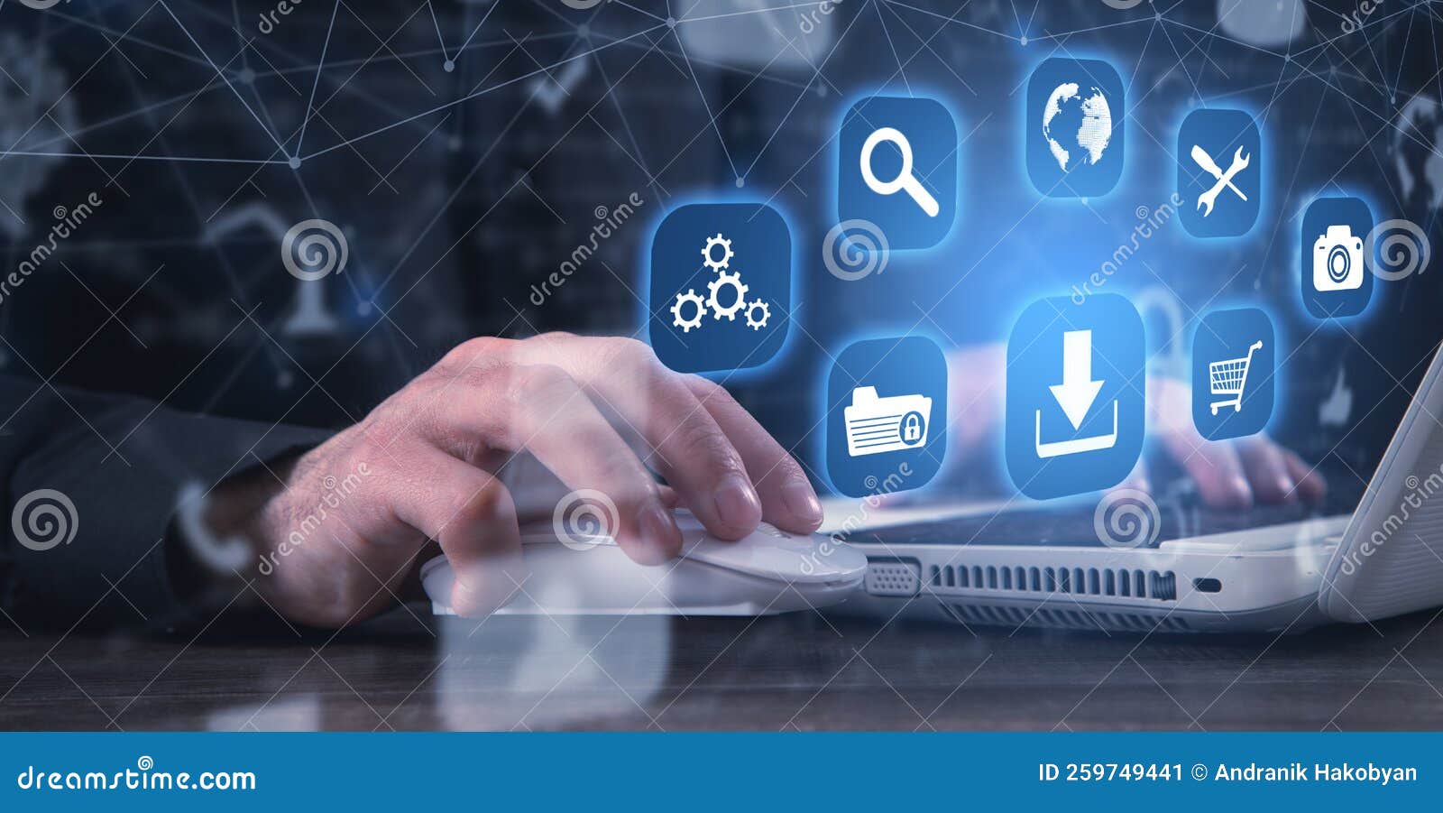 Man Using Computer. App Icons with a Download Symbol. Development of ...