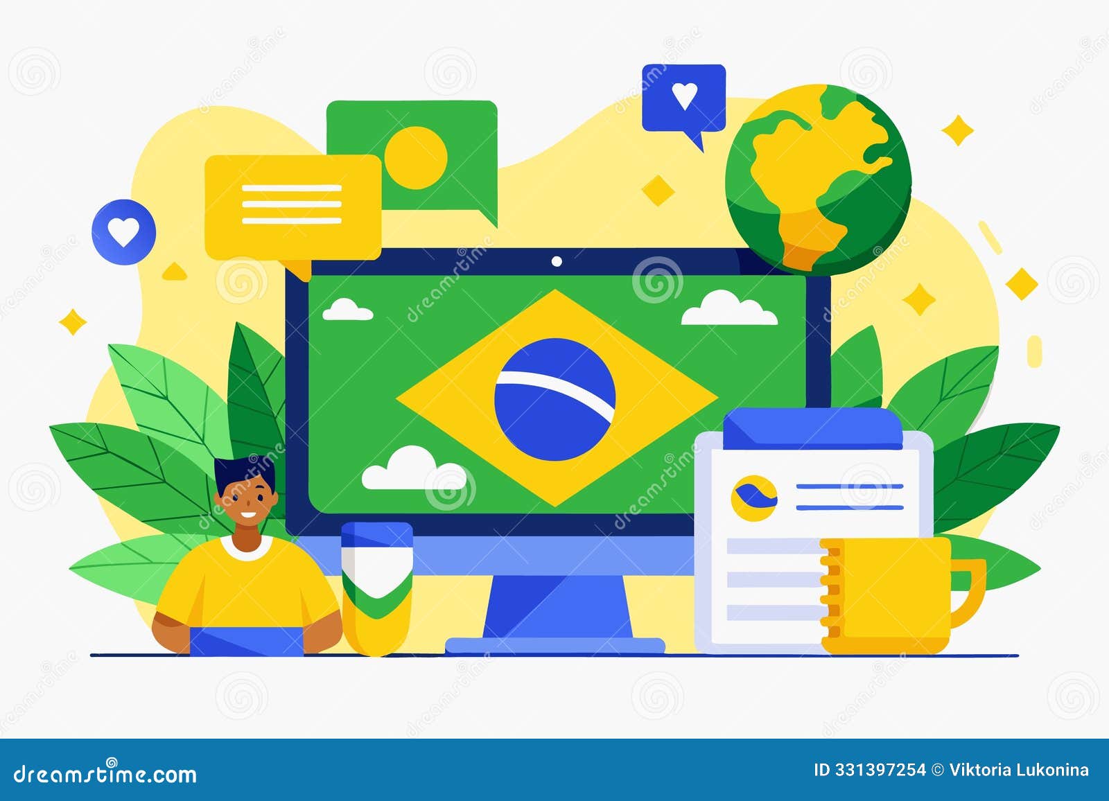 A Man is Using a Computer with a Brazilian Flag As the Wallpaper Stock ...