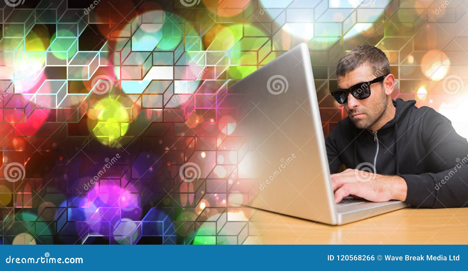 Man Using Computer with Geometric Transition Stock Photo - Image of ...