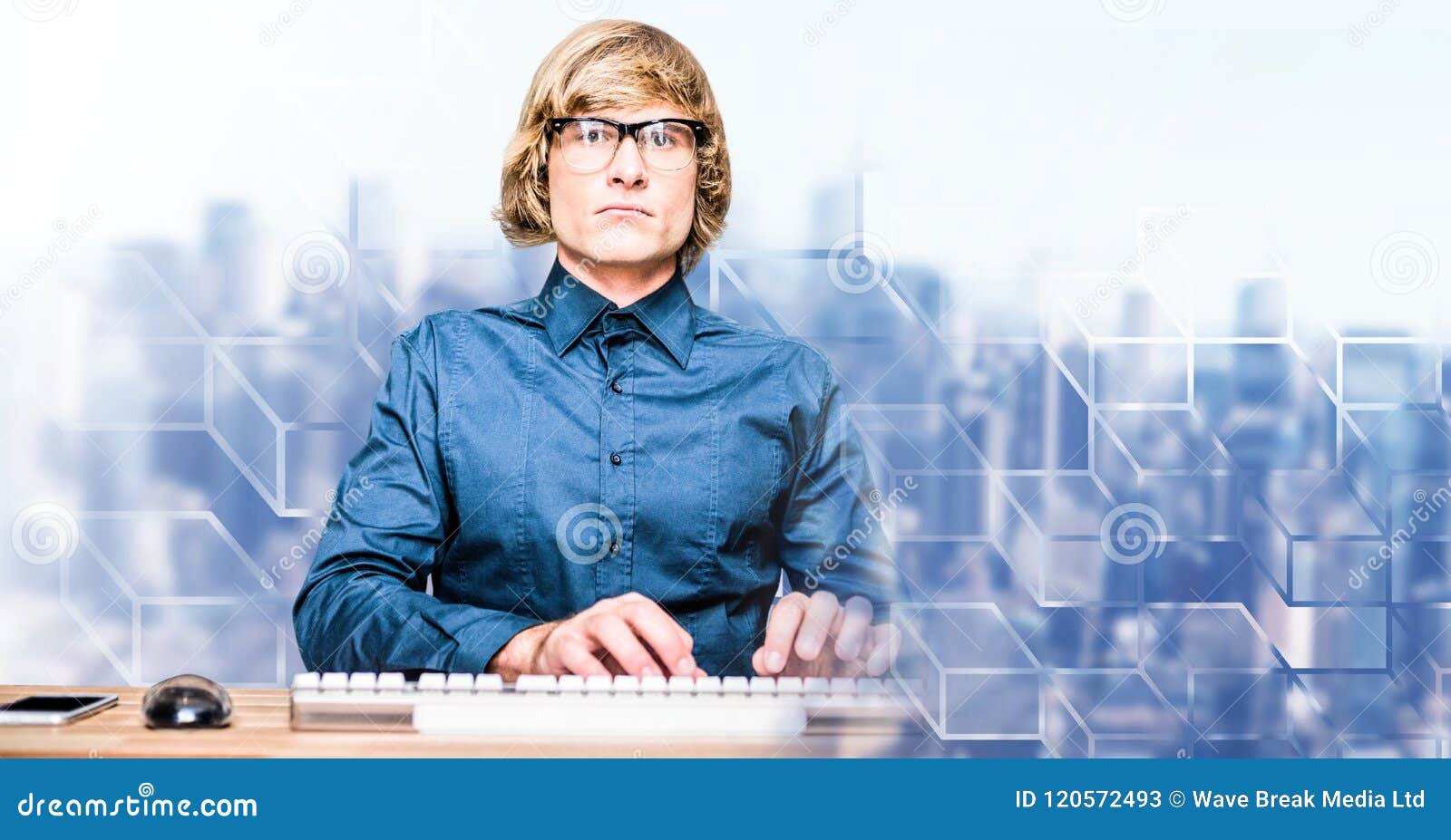 Man Using Computer with Geometric Transition Stock Image - Image of ...