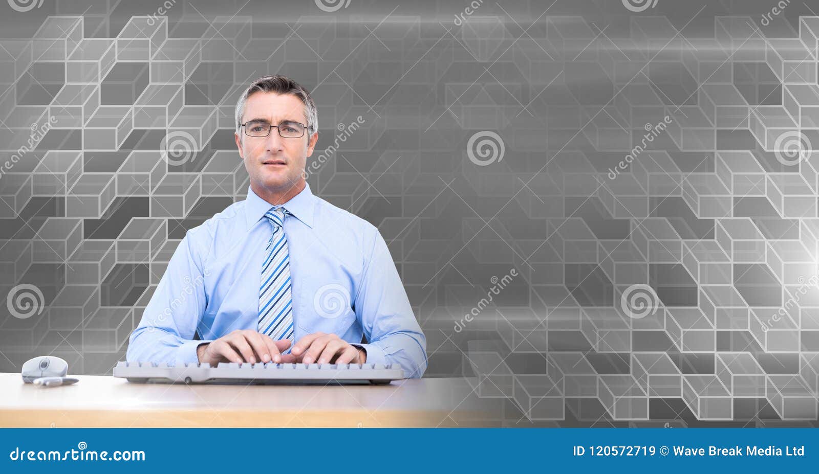 Man Using Computer with Geometric Transition Stock Image - Image of ...