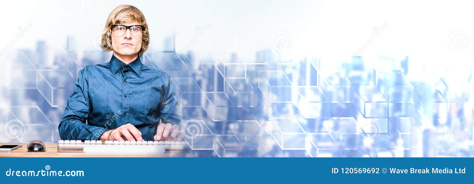 Man Using Computer with Geometric Transitions Stock Photo - Image of ...