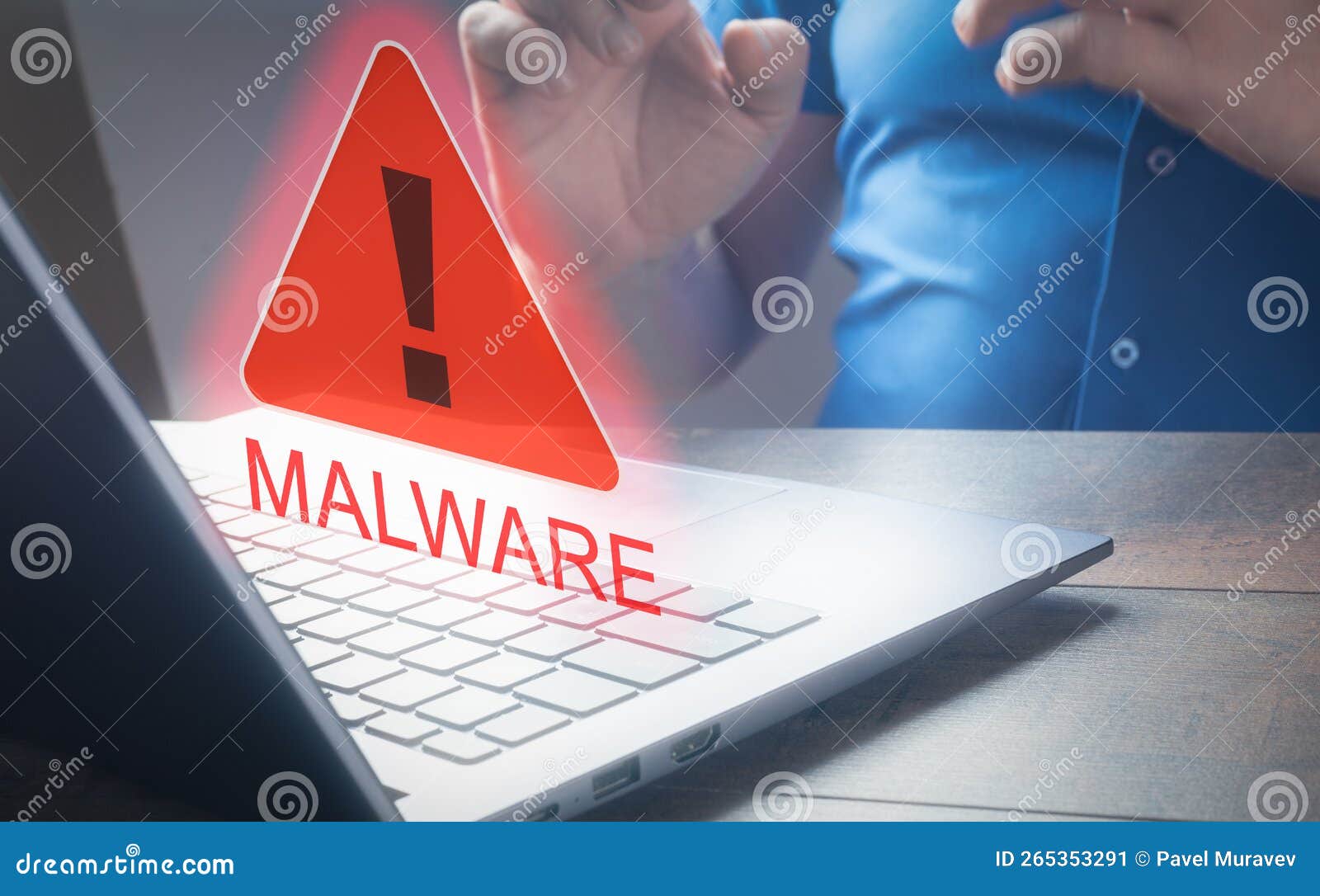 Man Using Computer Laptop With Caution Warning Sing For Notification Error And Virus Detection