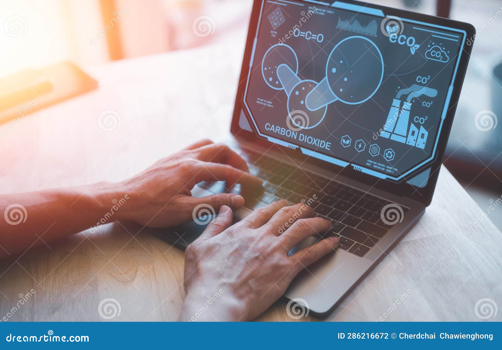 Man Using Computer Laptop Working with Sign CO2 Reducing Icon in ...