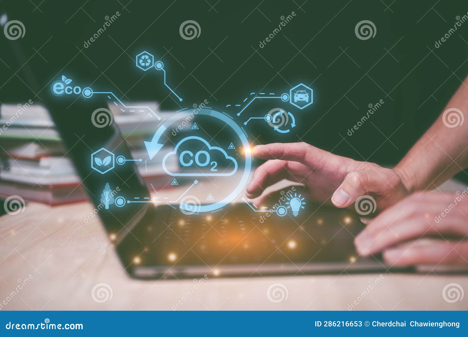 Man Using Computer Laptop Working with Sign CO2 Reducing Icon in ...