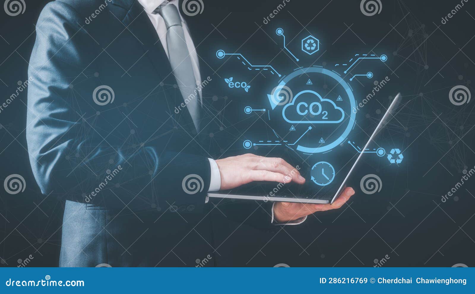 Man Using Computer Laptop Working with Sign CO2 Reducing Icon in ...