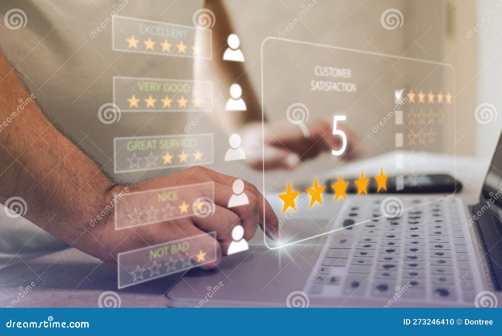 Man Using Computer Notebook with Popup Five Star Icon for Review ...