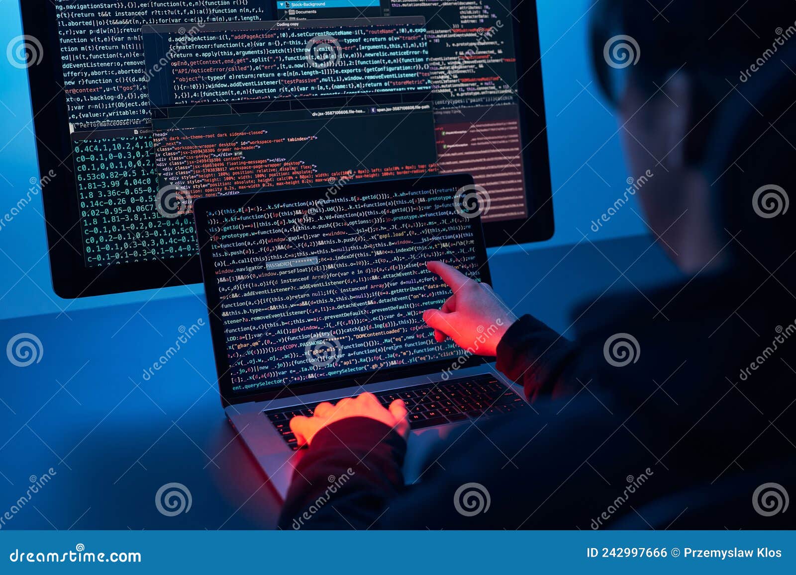 Man Using Computer and Programming To Break Code. Cyber Security Threat ...