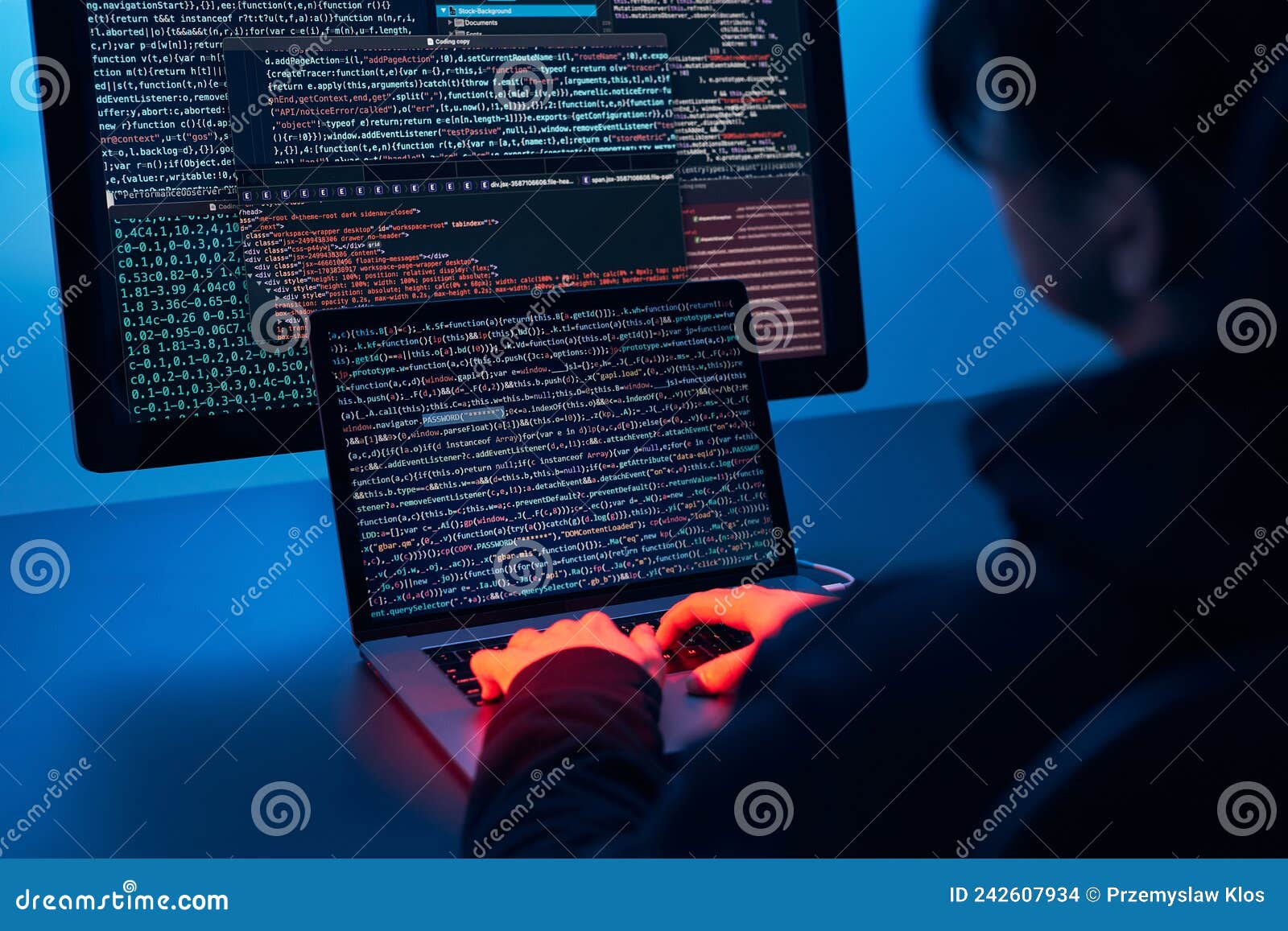 Man Using Computer And Programming To Break Code Cyber Security Threat Internet And Network