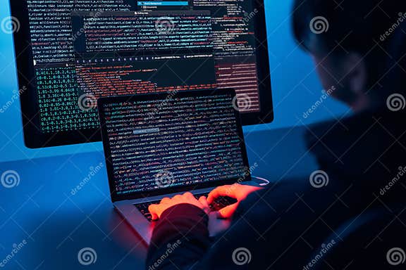 Man Using Computer and Programming To Break Code. Cyber Security Threat ...