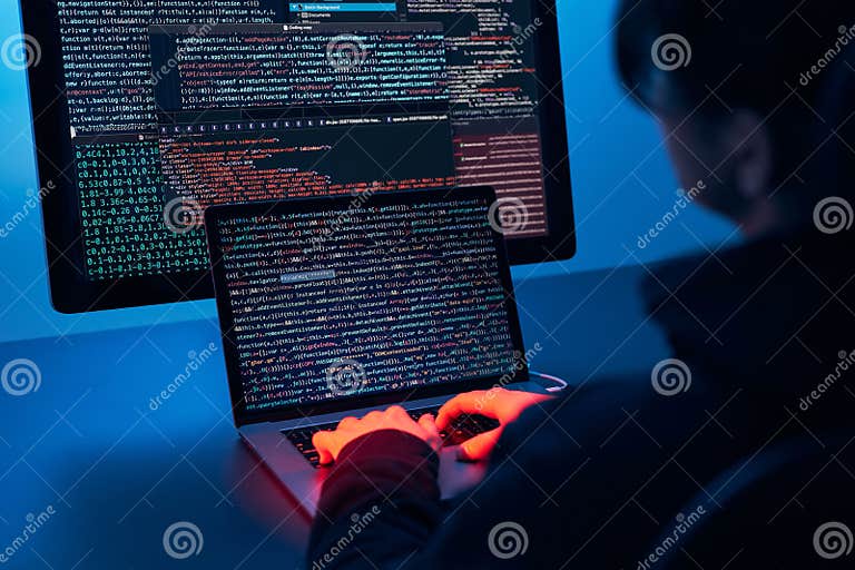 Man Using Computer and Programming To Break Code. Cyber Security Threat. Internet and Network ...