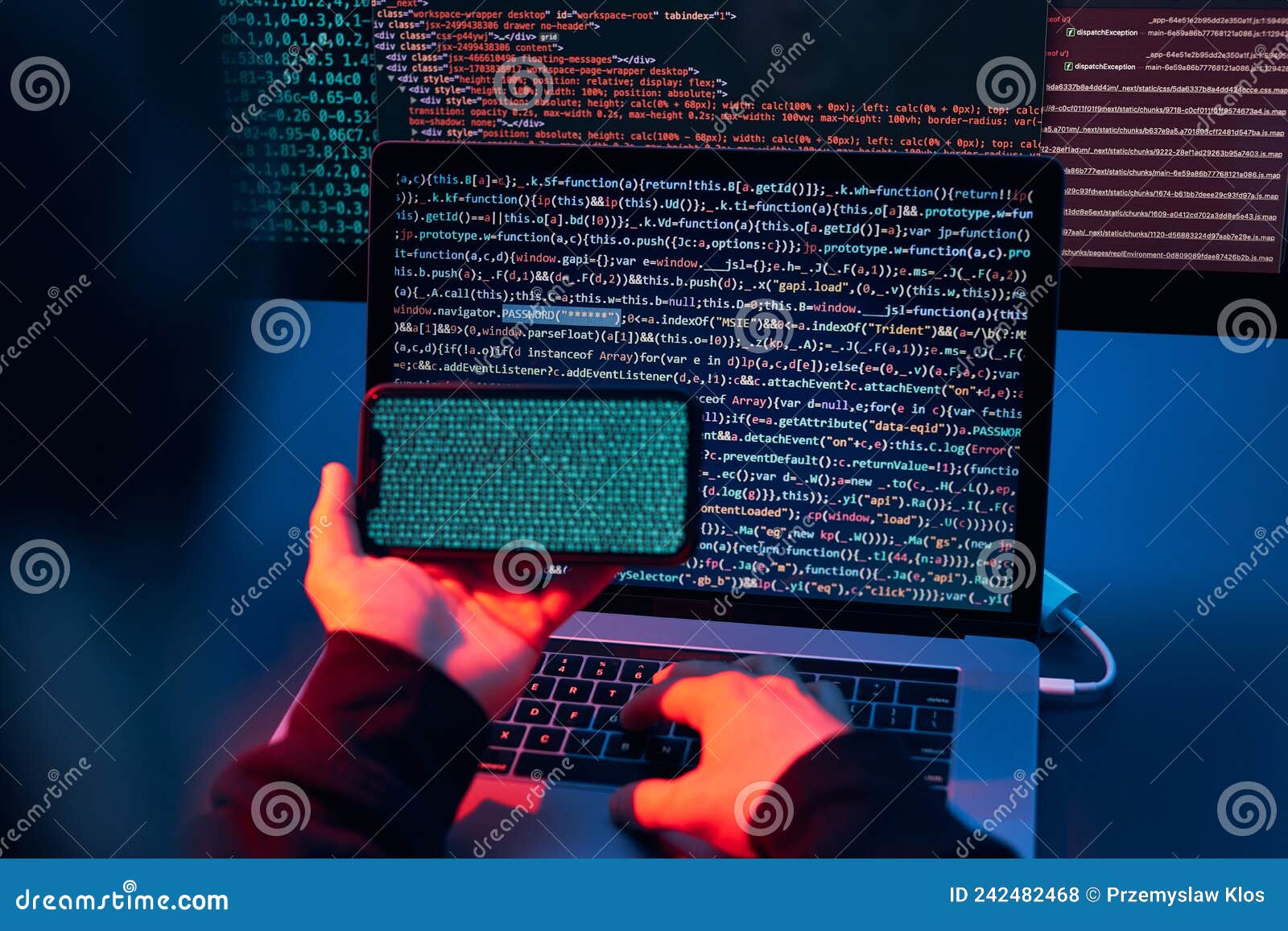 Man Using Computer and Programming To Break Code. Cyber Security Threat ...