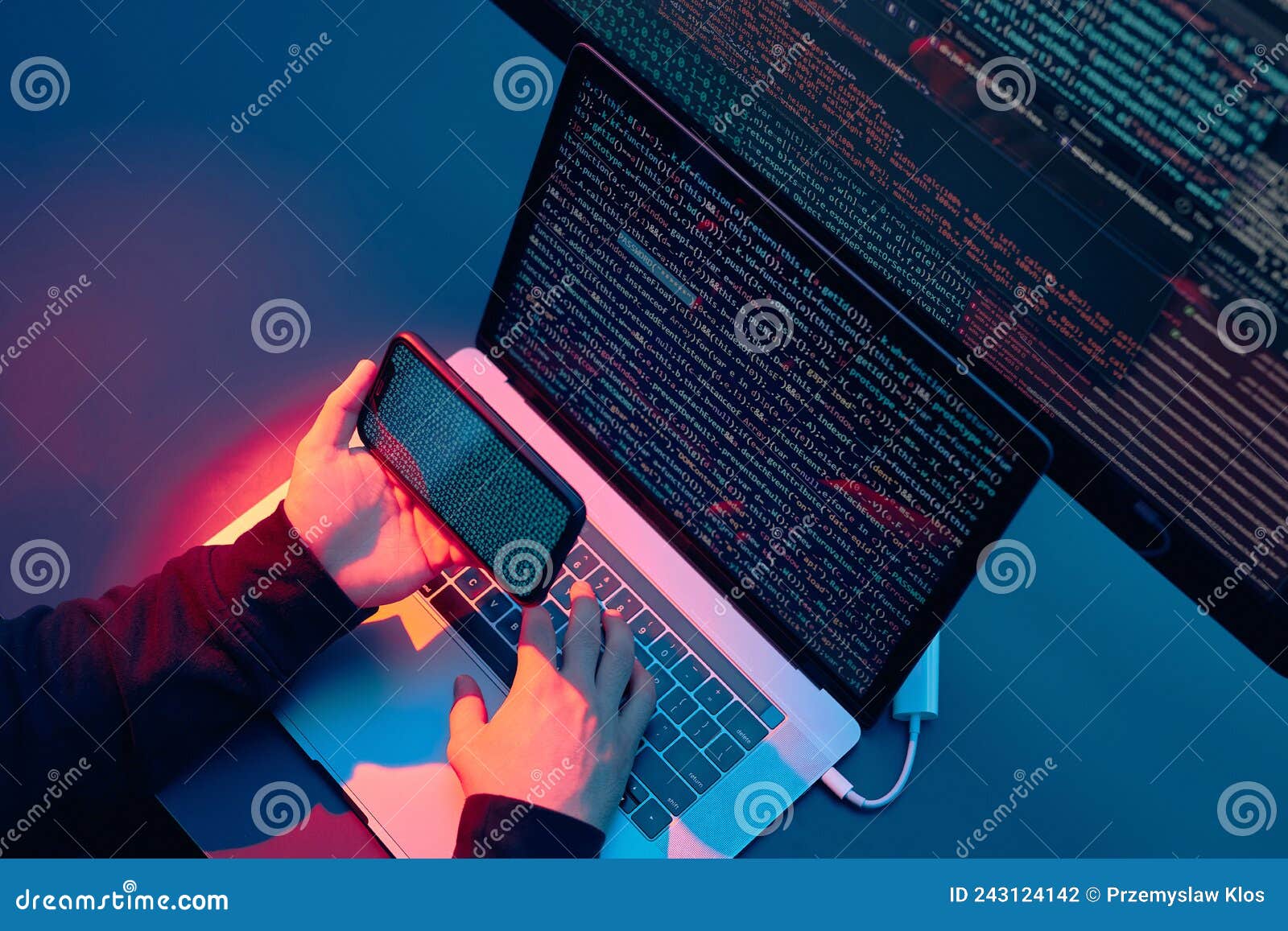 Man Using Computer and Programming To Break Code. Cyber Security Threat ...