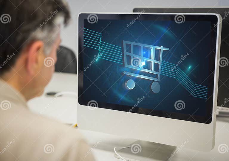 Man Using Computer with Shopping Trolley Icon Stock Image - Image of ...