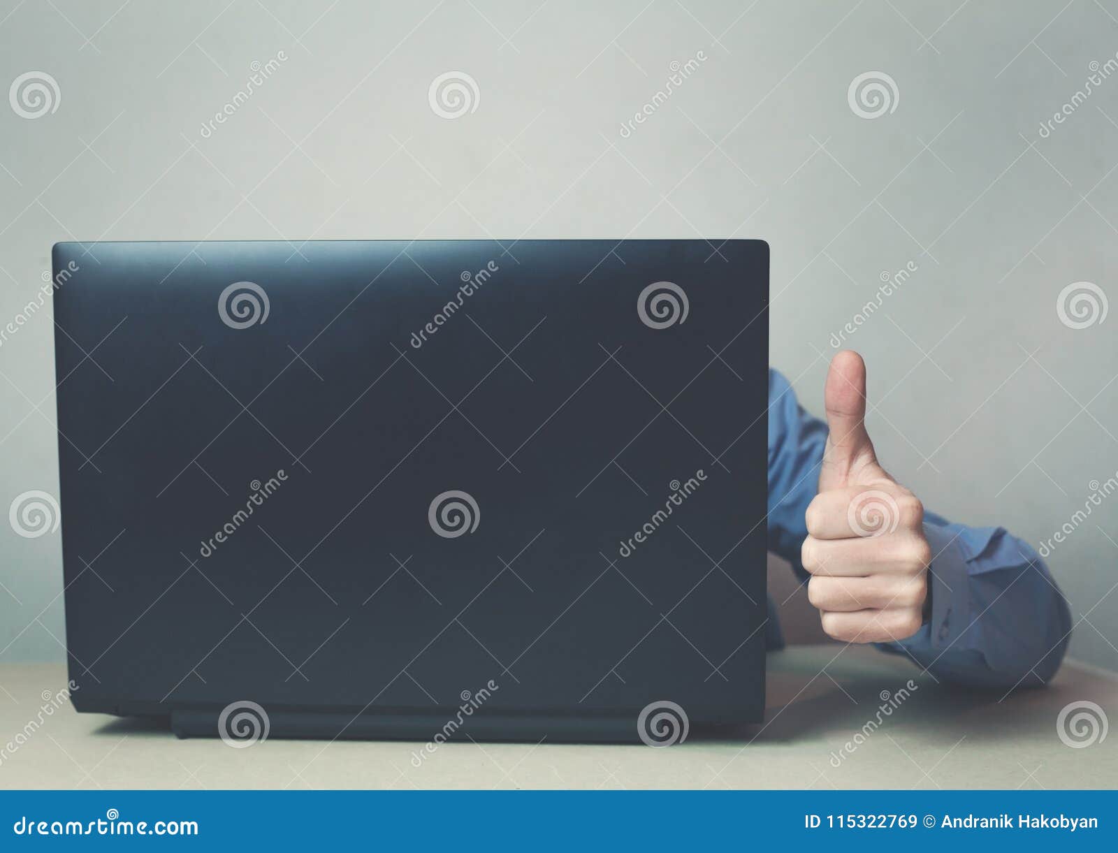 Man Using Computer and Showing Thumb Up Sign. Stock Image - Image of ...