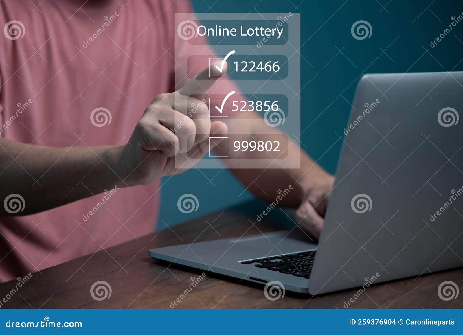 Man Using Computer and Touching on Virtual Online Lottery Screen To Buy ...