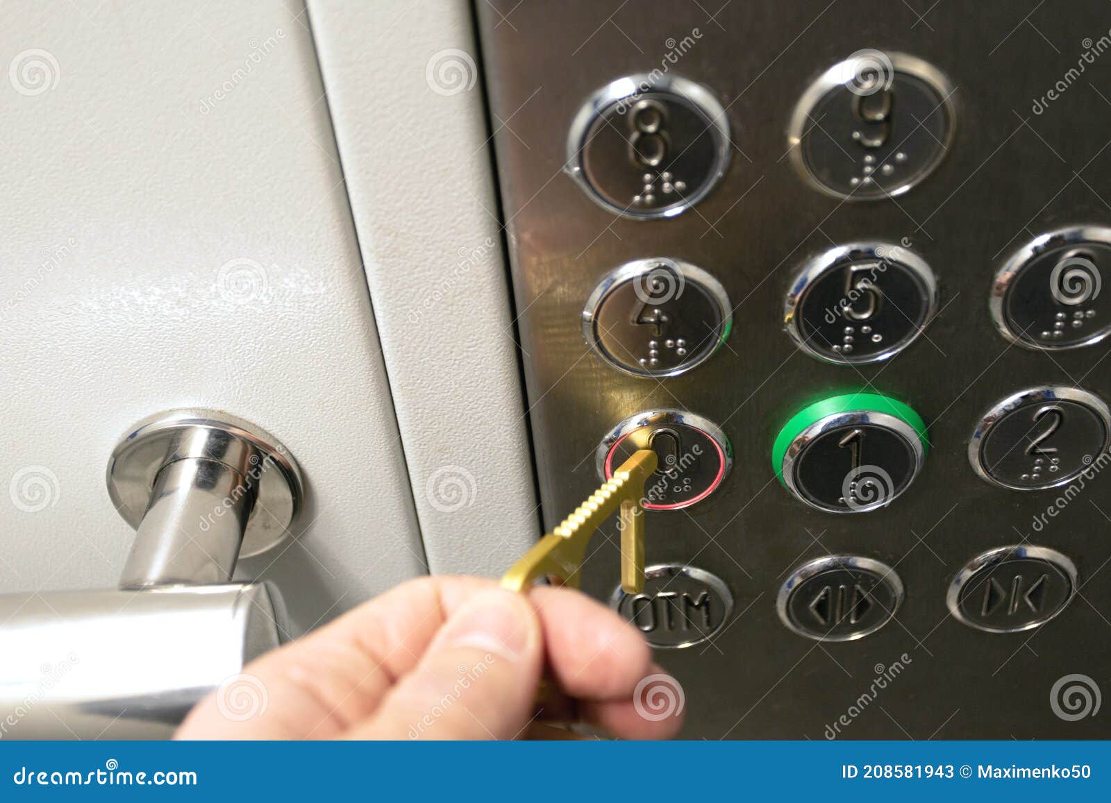 Man Using Contactless Tool To Press Elevator Button. Prevent Spread of ...