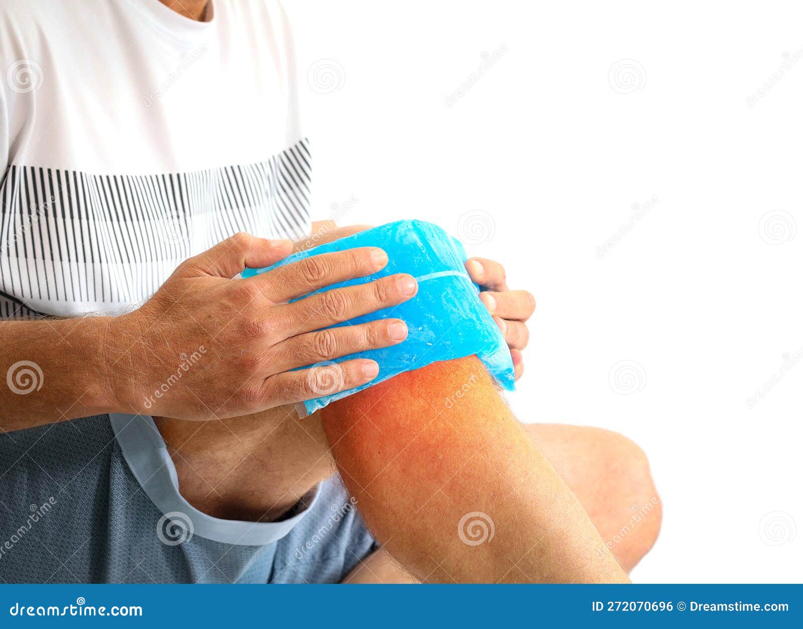 Man Using Cool Gel Pack on a Swollen Injured Knee. First Aid Concept ...
