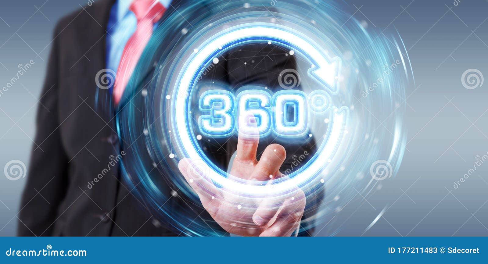 Man Using 360 Degree Virtual Reality Neon Interface 3D Rendering Stock ...