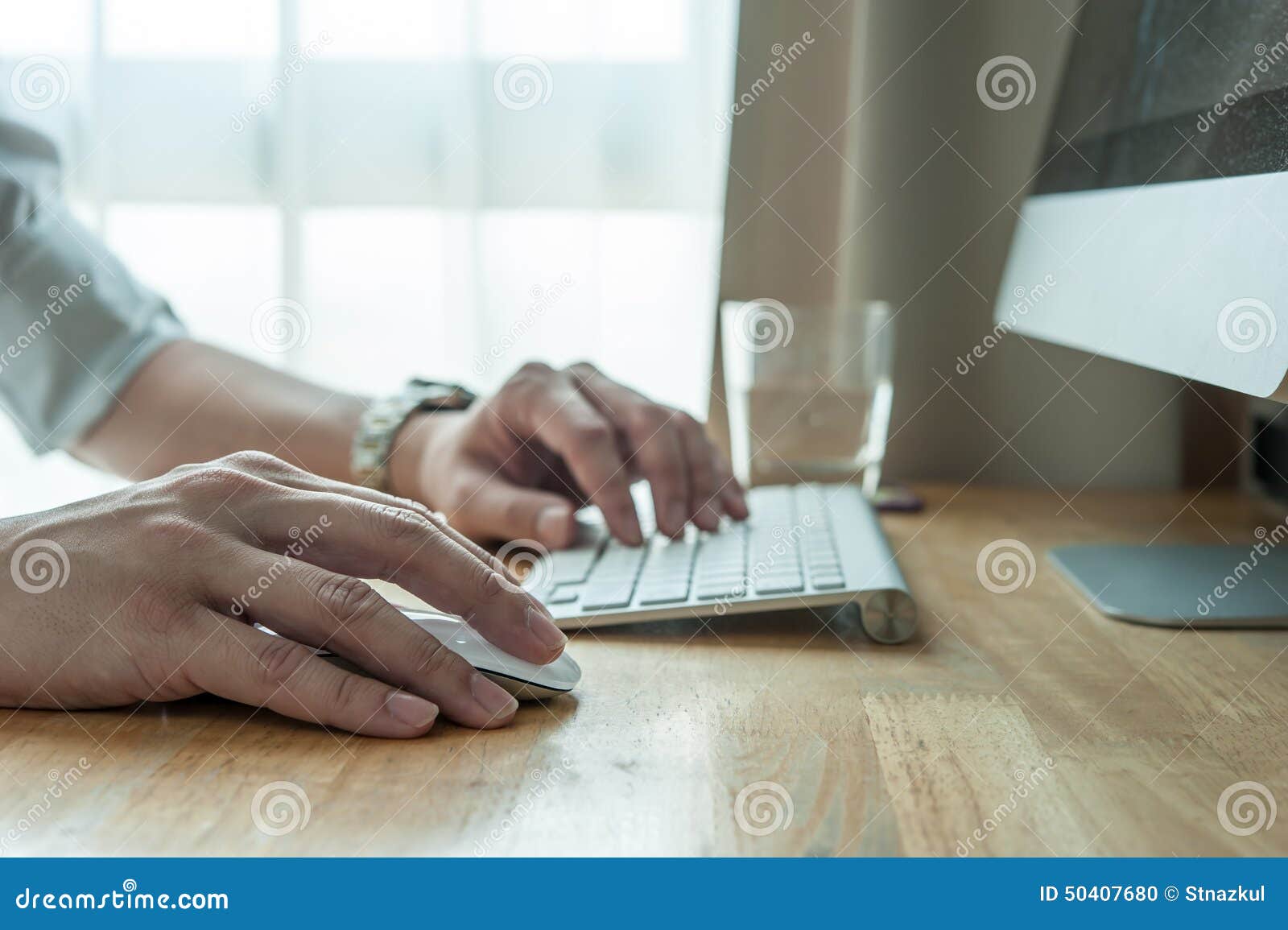 Man Using Desktop Pc Computer, Mobile Office Concept Stock Photo ...
