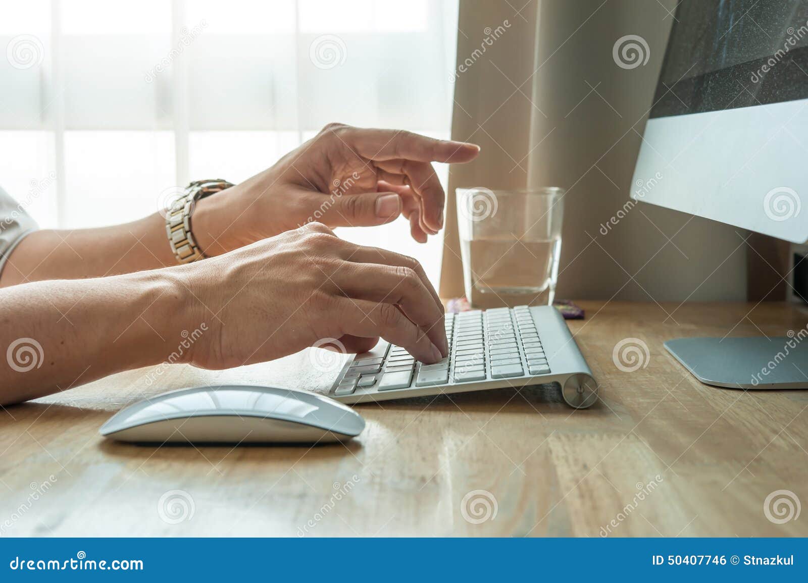 Man Using Desktop Pc Computer, Mobile Office Concept Stock Photo ...