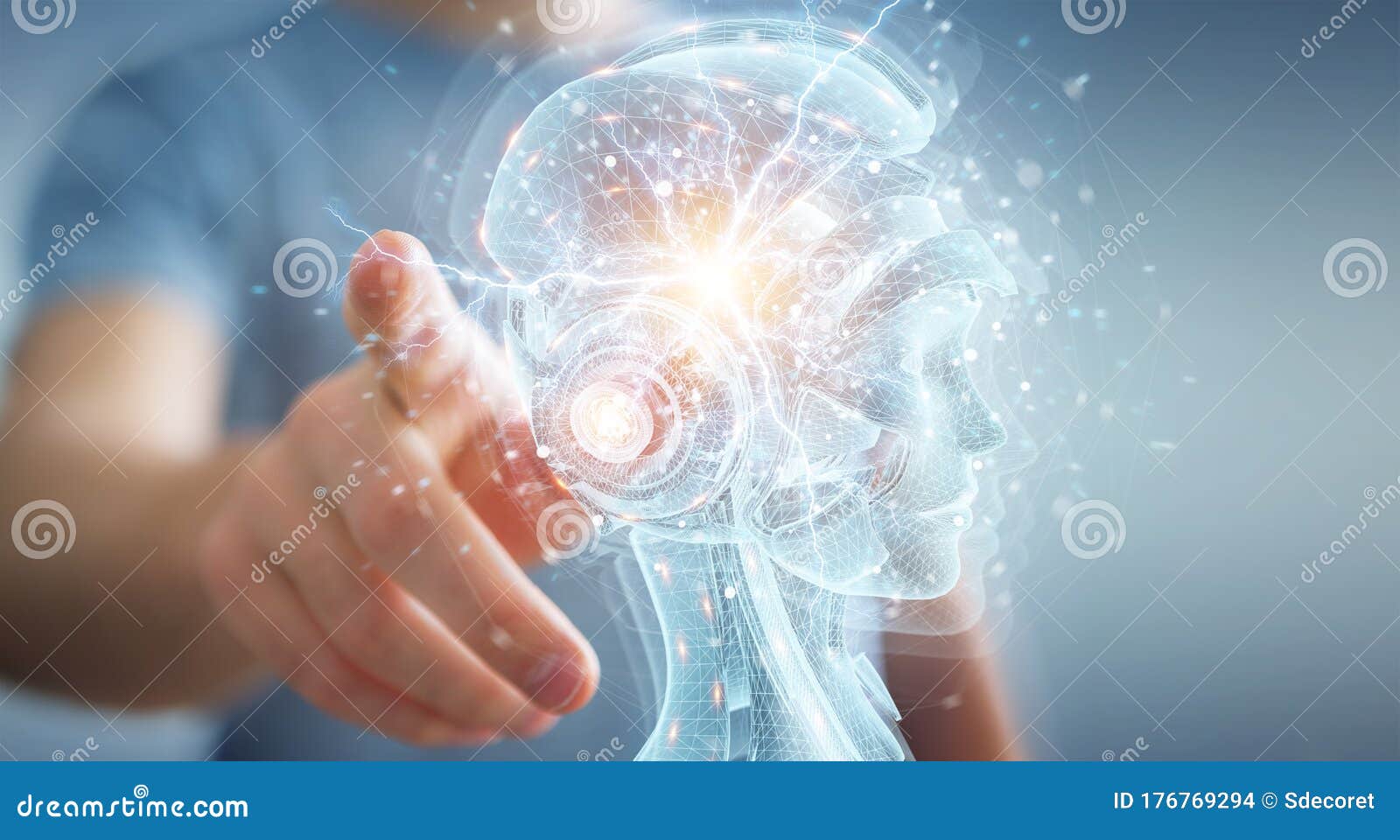 Man Using Digital Artificial Intelligence Holographic Projection 3D ...